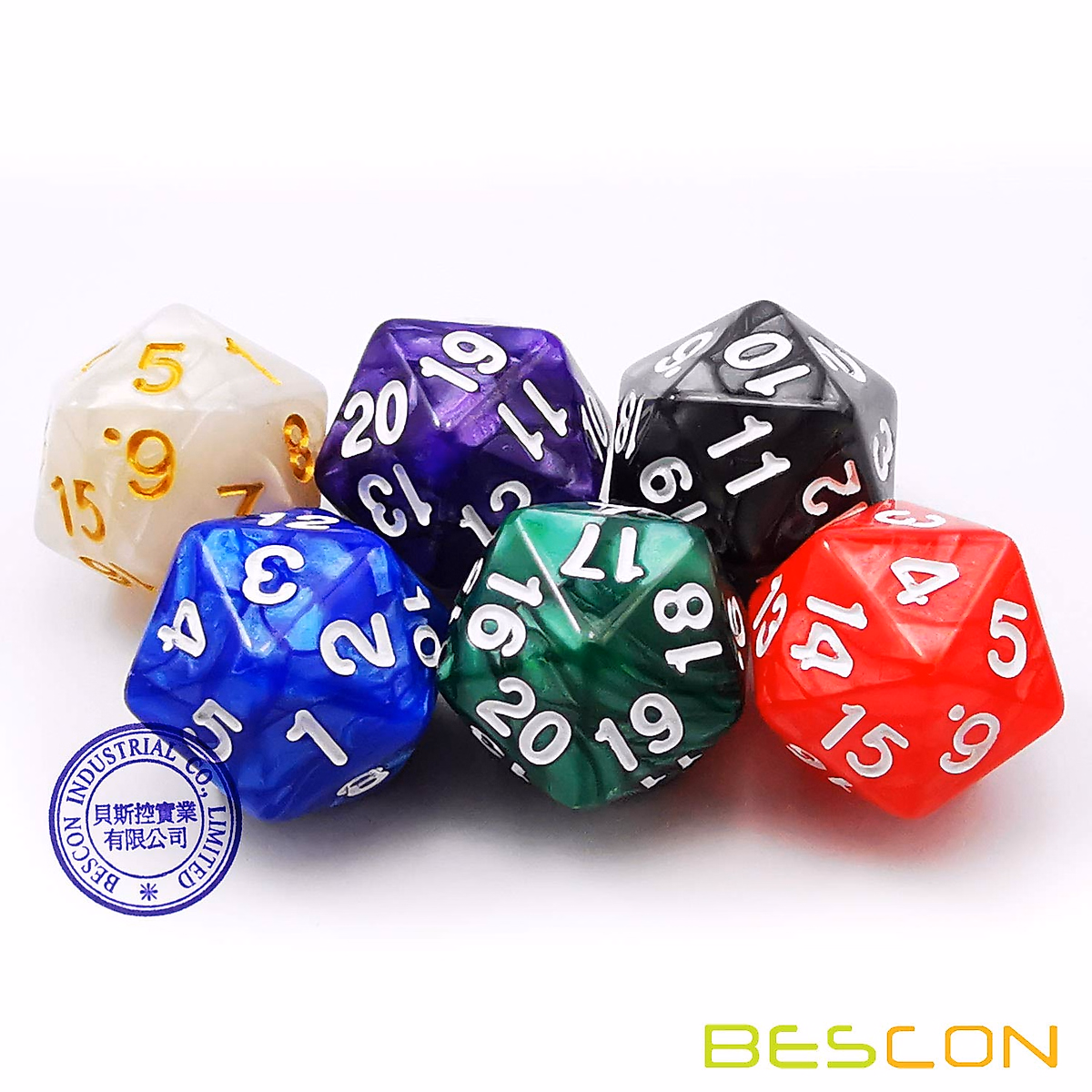 Bescon D20 Spindown Dice 22MM, Assorted Marble Colors 6pcs Set
