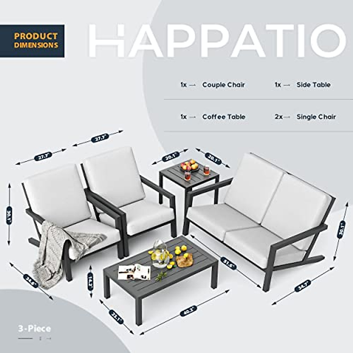 HAPPATIO Aluminum Patio Furniture 5-Piece Conversation Sets, Outdoor Patio Conversation Set, Outdoor Chairs for Garden Backyard Balcony Porch Poolside(Black)