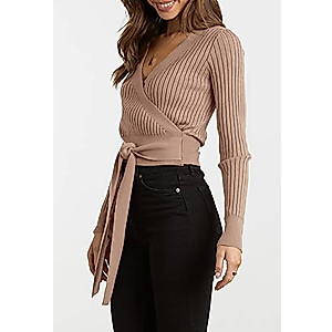 BTFBM Women Wrap Deep V Neck Cropped Sweaters Long Sleeve High Waist Tie Front Slim Fit Ribbed Knit Pullover Sweater Top(Solid Khaki, Small)