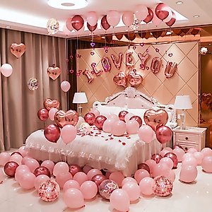 CAKKA Valentines Day Balloons Kit, 101 Pack Rose Gold Pink Heart Balloons with Rose Petals, I Love You Balloons for Anniversary Mothers Day Wedding Romantic Decorations Special Night