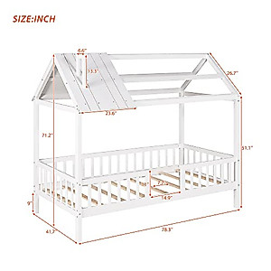 LostCat Kids House Bed,Twin Size Bed House Wood Montessori House Bed Frame with Fence and Rails, House Bed Kids Montessori Beds Playhouse Tent Bed, Solid Wood Platform Bed Frame for s, White