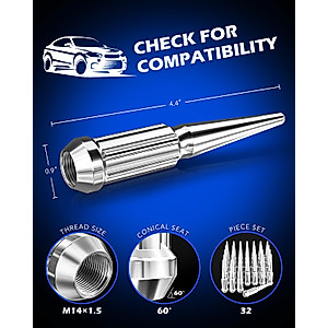 Orion Motor Tech 14mmx1.5 Lug Nuts Chrome 32 Piece, M14x1.5 Spike Lug Nuts Wheel Accessories Compatible with Chevy Ram Ford GMC
