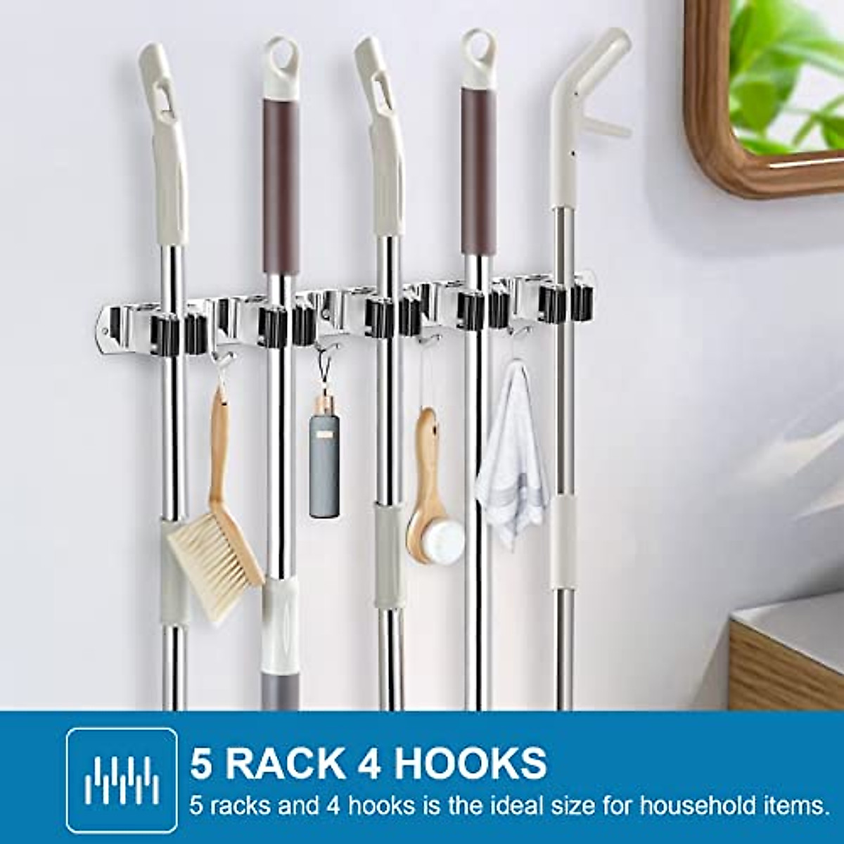 IMILLET 2 Pack Broom Holder Wall Mount, Broom Holder Stainless Steel 5 Racks with 4 Hooks Broom Organizer Wall Mount Self Adhesive Laundry Room Organization Heavy Duty Garage Organization Storage