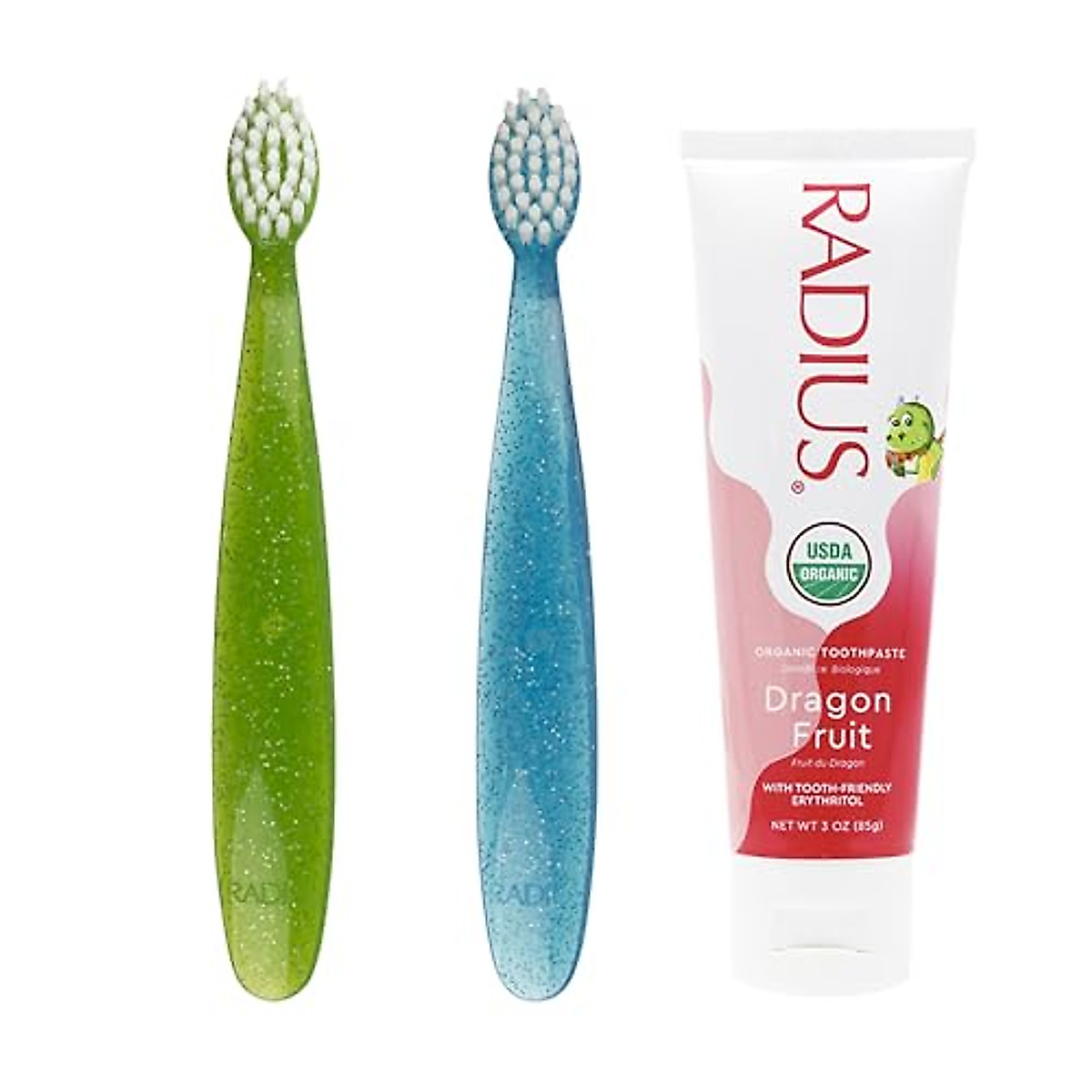 RADIUS Toddler Toothbrush and Toothpaste Bundle for Kids, 2 Pack Totz Extra Soft Brush in Blue and Green Sparkle and 1 Count Dragon Fruit Toothpaste, for Children 18 Months and Up