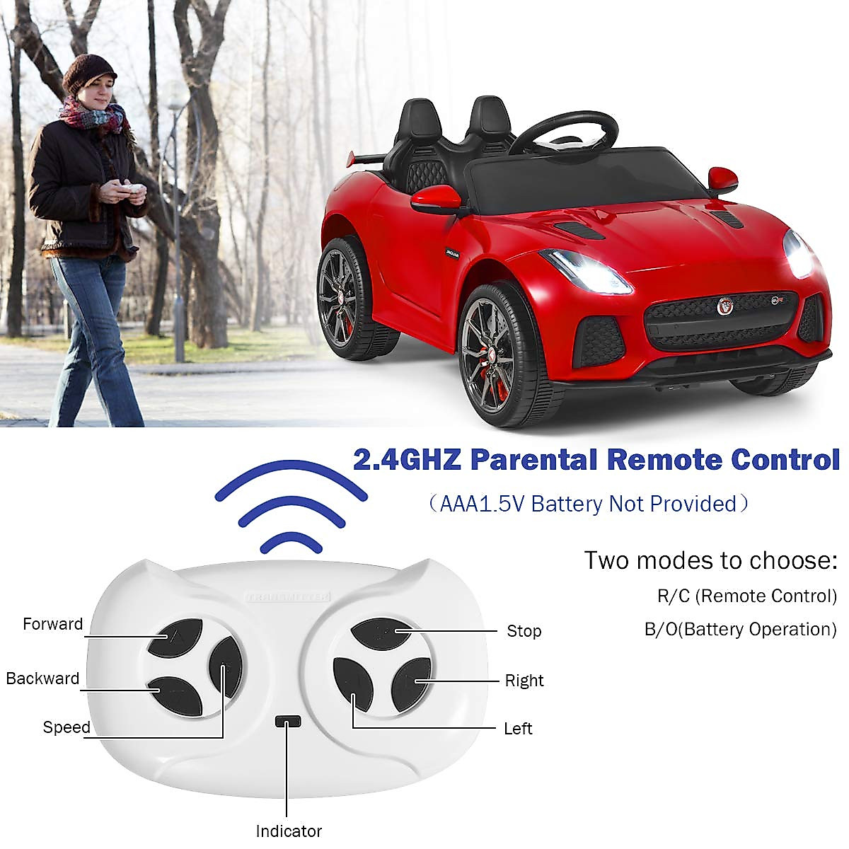 Costzon Ride on Car, 12V Licensed Jaguar F-Type SVR Battery Powered Kids' Electric Vehicles w/Remote Control, Front/Rear Lights, MP3/Music/3 Speeds/Spring Suspension, Kids Car for Toddler (Dark Red)