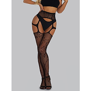 Verdusa Women's Fishnet Stockings Tights High Waist Lace Suspender Pantyhose Cut Out Black one-size