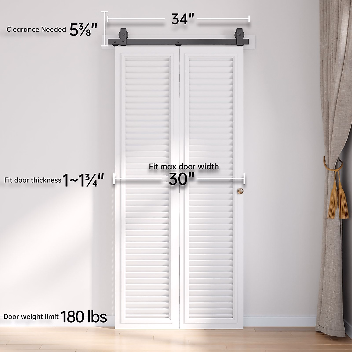 EaseLife 30" Bi-folding Sliding Barn Door Hardware Track Kit for 2 Closet Door,Top Mount Roller,Heavy Duty,Slide Smoothly Quietly,Easy Install,Black,No Door (Track Length 34" for Double 15" Wide Door)
