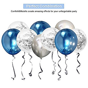 Metallic Blue and Silver Confetti Latex Balloons, Nesus 50 pcs 12 inch White and Metallic Silver Glitter Birthday Party Balloons with 65 Feet Silver Ribbon for Baby Shower Wedding Decorations