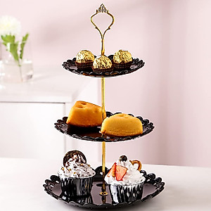 Set of 5 Party Cupcake Stand Includes 2 Pcs 3 Tier Cake Stand + 3 Rectangle Plastic Serving Trays for Wedding Birthday Baby Shower Tea Party (Black)