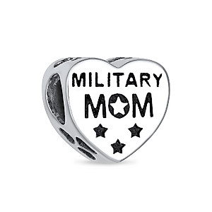 Heart Shape American Patriotic USA Flag Words Military Mom Charm Bead For Women Wife .925 Sterling Silver Fits European Charm Bracelet