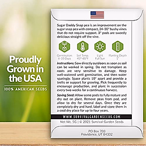 Survival Garden Seeds - Sugar Daddy Snap Pea Seed for Planting - 2 Packs with Instructions to Plant and Grow in Delicious Pea Pods Your Home Vegetable Garden - Non-GMO Heirloom Variety