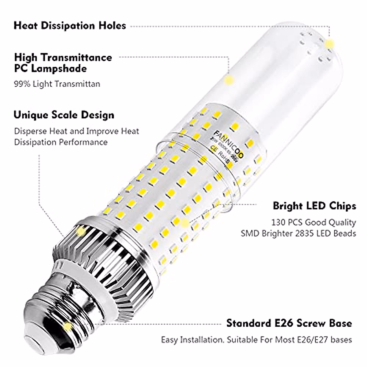 E26 LED Bulb,25W LED Corn Light Bulb 200W Equivalent 6500K Cool Daylight White 2500LM Non-dimmable Flicker Free Ceiling Fan LED Corn Bulb for Indoor Outdoor Home Garage Pack of 3