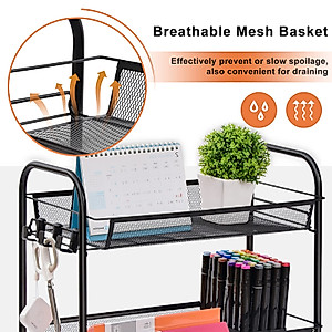 TOOLF 3-Tier Metal Rolling Cart, Mesh Wire Easy Assemble Utility Cart, Storage Trolley on Wheels with 3 Hooks, MetalStorage Shelving Units for Kitchen Bathroom Laundry Room