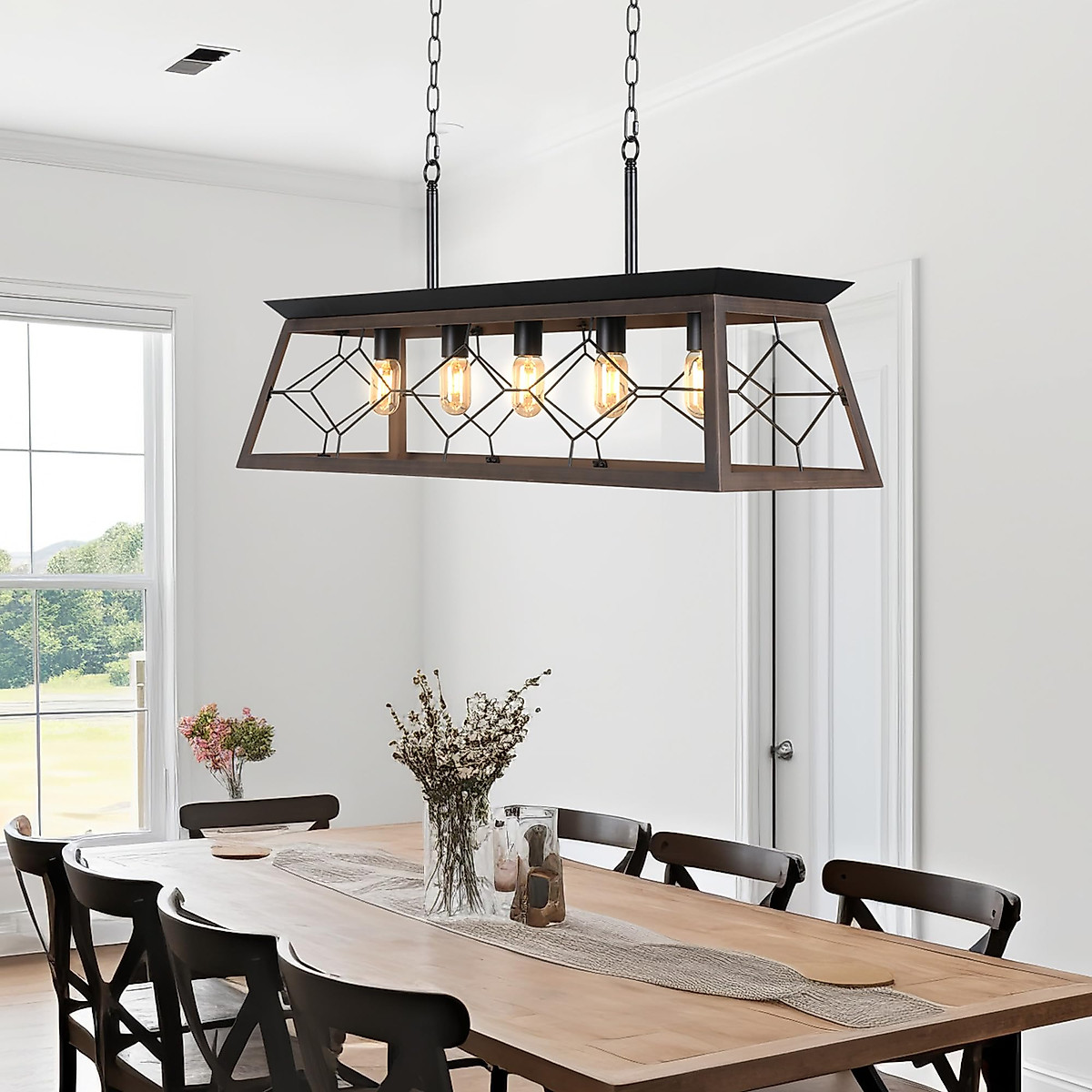 YITAHOME 5-Light Pendant Lights Island Fixture, Farmhouse Rustic Rectangular Chandelier for Dining Room, Kitchen, Living Room, Entryway, UL Listed, Bronze