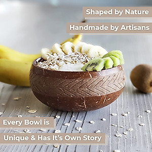 NAYOMI Coconut Bowls with Spoons - Artisan Handmade Designs on Coconut Bowl Set of 4 for Acai Bowls, Buddha Bowls, Smoothie Bowls and Spoons. Eco-friendly and Vegan Coconut Shell Bowls