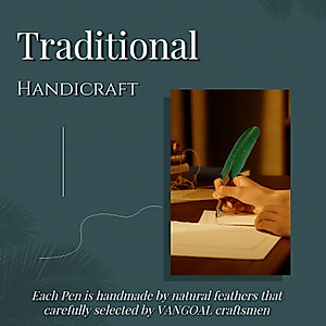 VANGOAL Feather Pen and Ink Set, Glittering Quill Pen Set Antique Calligraphy Dip Pen with Ink, 2 Replacement Nibs, Pen Stand Base, Luxury Vintage Signature Pen (Green)