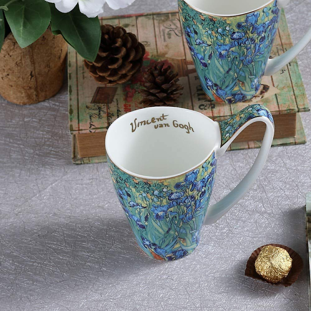 YBK Tech Bone China Coffee Mug, 16oz Large Tea Cup - Design Inspired by Van Gogh's Paintings (Iris flower)