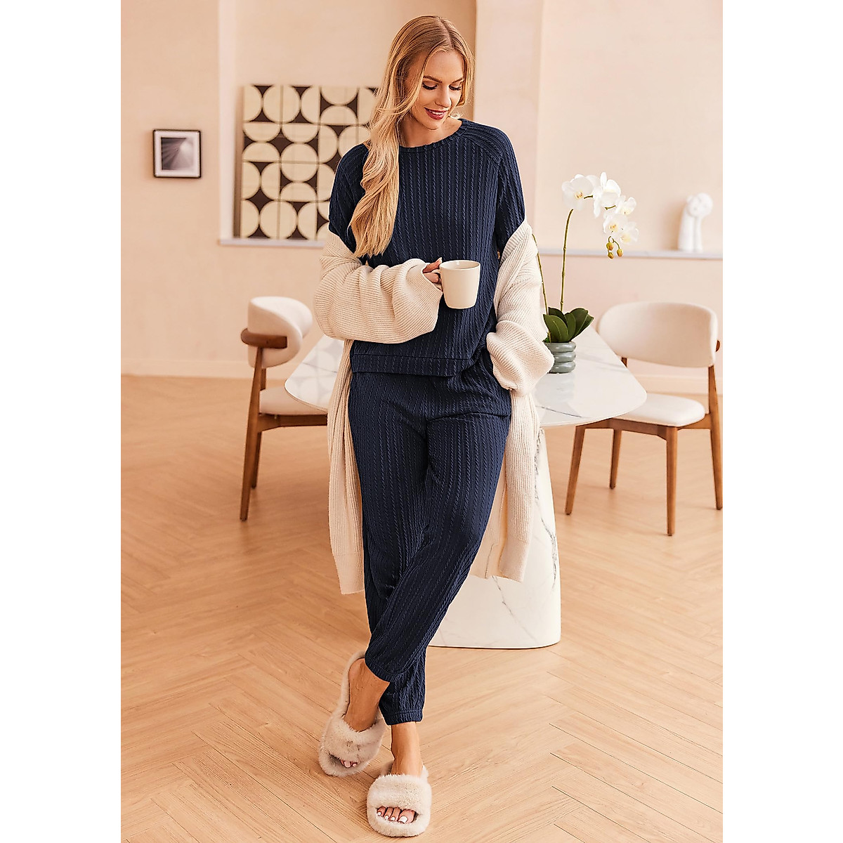 Ekouaer Lounge Sets for Women Ribbed Knit Outfits Pajamas Sets 2 Piece Long Sleeve Sweatsuits with Pockets Blue XL