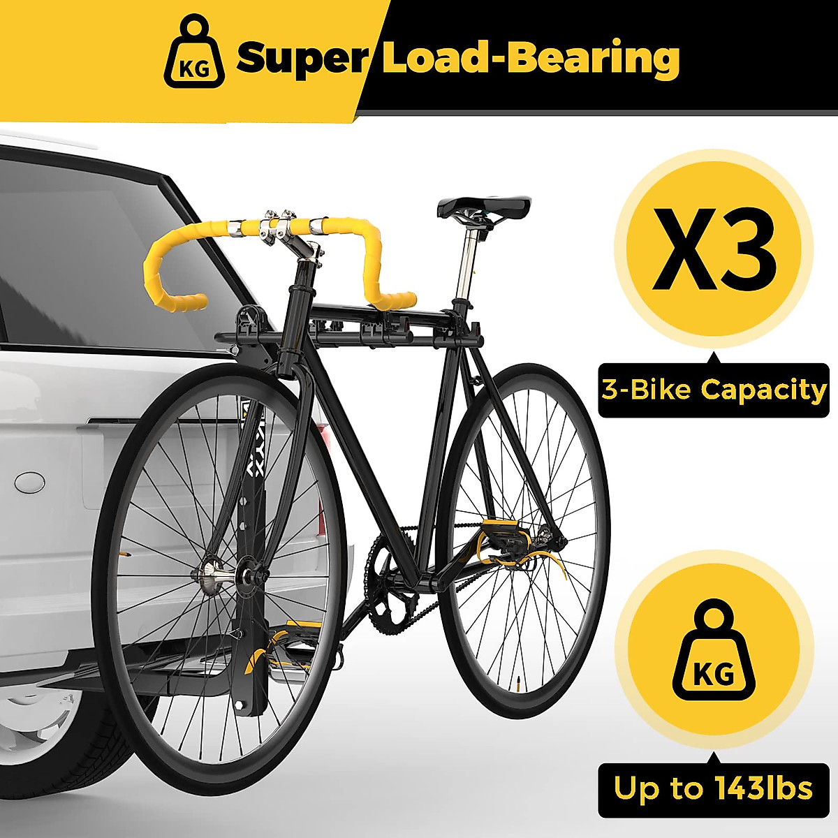 Bike Car Rack, 3 Bicycles Rack Mount Carrier with 2 in. Hitch Receiver, 143LBS Capacity Stable Steel Frame with Foldable and Tilt-Away Modes for Car SUV Truck Vans, Easy Assembly, Safe Locking, Black