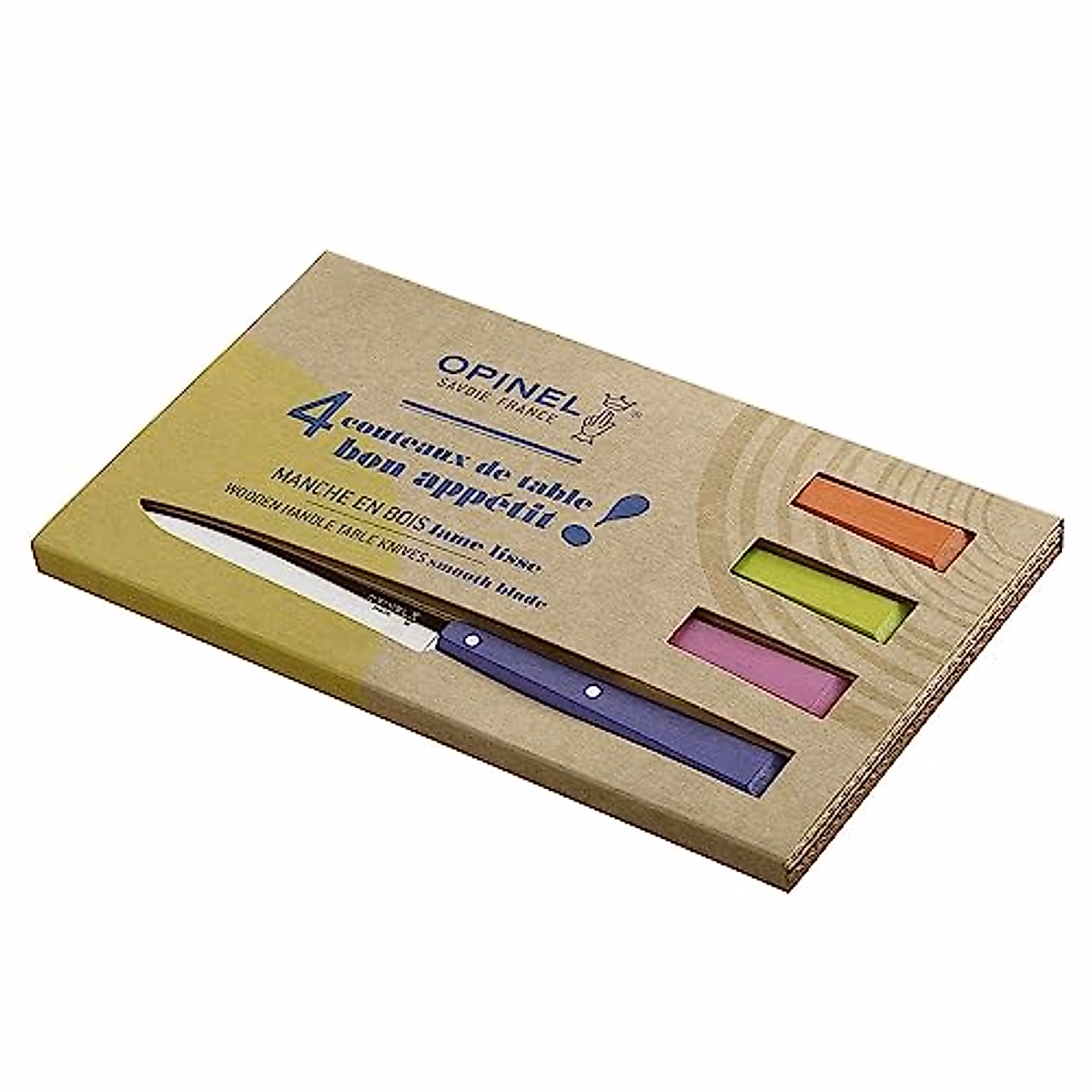 Opinel No. 125 Table Knives, 4 Piece Set, High Carbon Steel Dinner Knives for Parties, Entertaining, or Everyday Use, Painted Hornbeam Handles, Made in France (POP),ys/m,254225