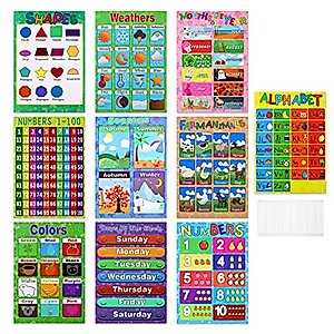 STOBOK Educational Preschool Posters for Kindergarten Classrooms,Includes Alphabet Letters,Colors,Numbers,Days of The Week,Farm Animals,Seasons,Weathers,Months,Shapes,10 Pieces