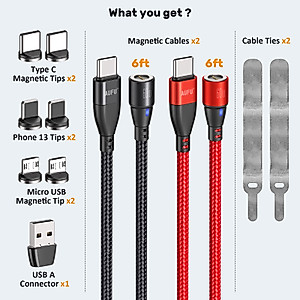 AUFU 6 in 1 USB A & Type C to C PD Fast Charging Magnetic Charging Cable [ 2Pack 6ft], 60W USB C to USB C Magnetic Fast Charger Cable Data Sync Magnetic Phone Charger Cable for Laptop Type C Micro