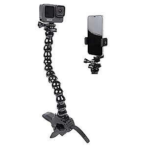 Jaws Flex Clamp Smartphone Mount with Adjustable Gooseneck（13 Sections） Compatible with iPhone Samsung,and GoPro Hero 9,8,7,6,5,4,, 3+, 2, 1, DJI Osmo Action Camera Mounts and Most Action Cameras