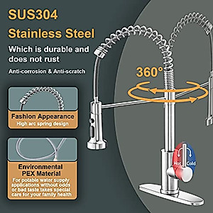 FLOTECH Brushed Nickel Kitchen Faucets with Pull Down Sprayer,Commercial Single Handle Pull Out Stainless Steel Spring Kitchen Sink Faucet with Deck Plate to Cover 1 or 3 holes for Farmhouse Bar Sinks