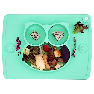Silicone Divided Toddler Plates - Portable Non Slip Suction Plates Placemat for Children Babies and Kids BPA Free Baby Dinner Plate Bowl (Owl-Cyan)