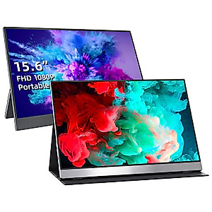 VisionOwl Portable Monitor Bundle (Silver monitor with cover & Black monitor with kickstand) 15.6 Inch Travel Screen Computer Display for Laptop PC Mac Surface PS4/5 Xbox Switch, with Smart Cover, VES