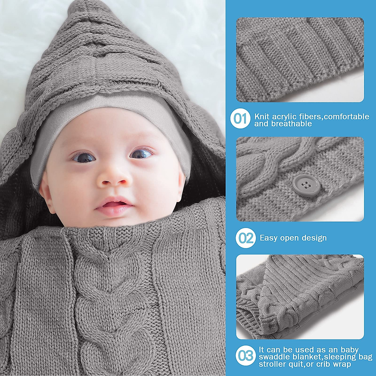 Zhanmai Newborn Baby Wrap Swaddle Blanket Knit Sleeping Bag Receiving Blankets Stroller Wrap Hat Mitten for Baby 9-12 Months