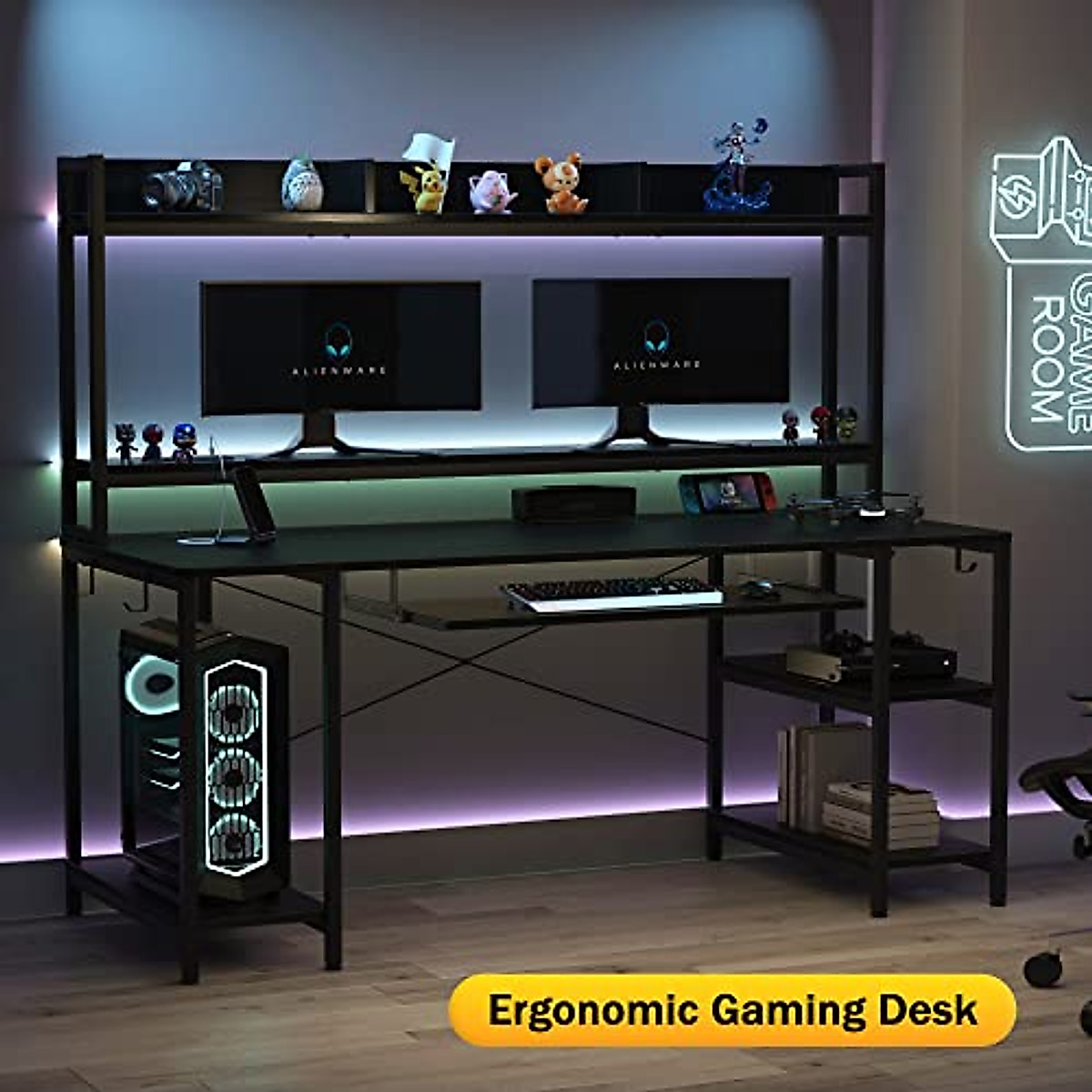 55" Computer Desk with Power Outlet & USB Ports, Heavy Duty Desk with Hutch Keyboard Tray, Home Office Desks with Shelves Monitor Stand, Study Table Writing Desk Workstation, Easy to Assemble, Black