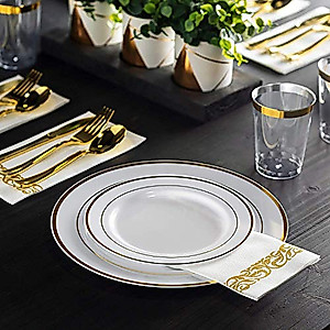 Munfix 600 Piece Gold Dinnerware Set - 100 Gold Rim 10 inch Plastic Plates 100 Gold Rim 7 Inch Plates -300 Gold Plastic Silverware - 100 Gold Plastic Cups - 100 Guest Disposable Gold Dinnerware Set