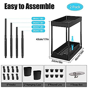 Eufrozy 2 Pack 2-Tier Under the Sink Organizer Bathroom, Sliding Under Cabinet Basket Organizer Adjustable Height Under Sink Storage for Kitchen Shelf Multi-Purpose Rack Drawer with 8 Hook 2 Cup