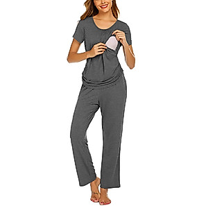 Ekouaer Women Nursing Pajama Set for Breastfeeding Maternity Sleepwear Side Ruched Pregnant Tops with Long Pants Sets Dark Grey S