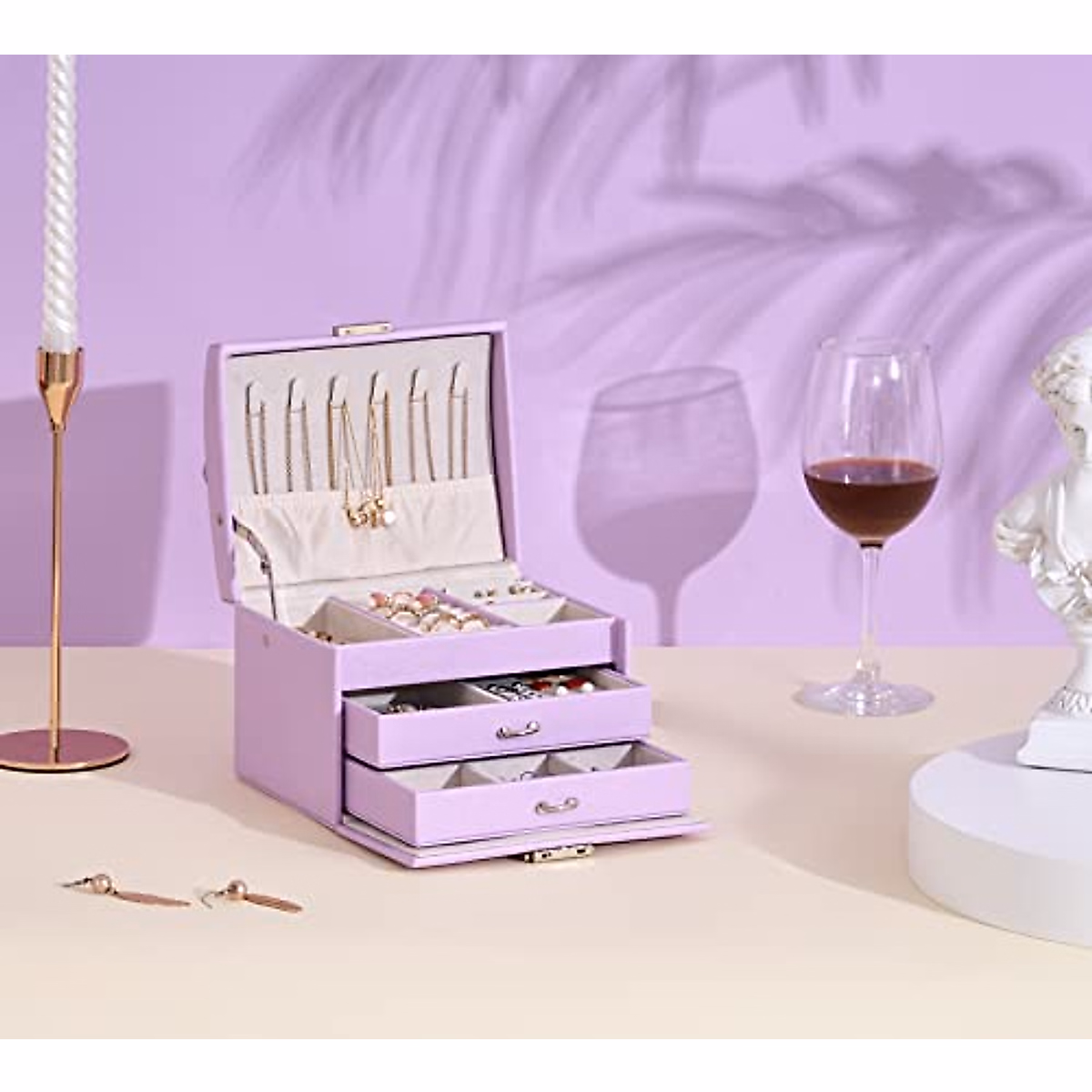 BEWISHOME Jewelry Box for Teen Girls,3 Layers Jewelry Organizer Box with Lock, Jewelry Travel Case for Women Girls, PU Leather Jewelry Boxes for Earrings, Rings, Necklaces Purple, SSH88P