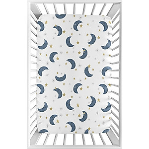 Sweet Jojo Designs Moon and Star Boy or Girl Fitted Mini Crib Sheet Baby Nursery for Portable Crib or Pack and Play - Navy Blue and Gold Watercolor Celestial Sky