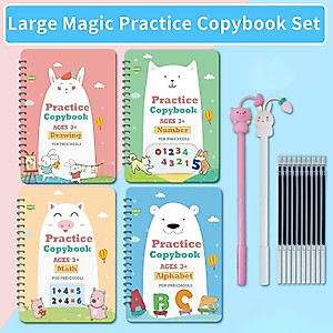 Learn-Journey Upgraded Large Size Magic Practice Copybook for Kids, Handwriting Practice Workbook, Reusable Writing Practice Book for Preschools(4 Books with Pens)-Blue Bag