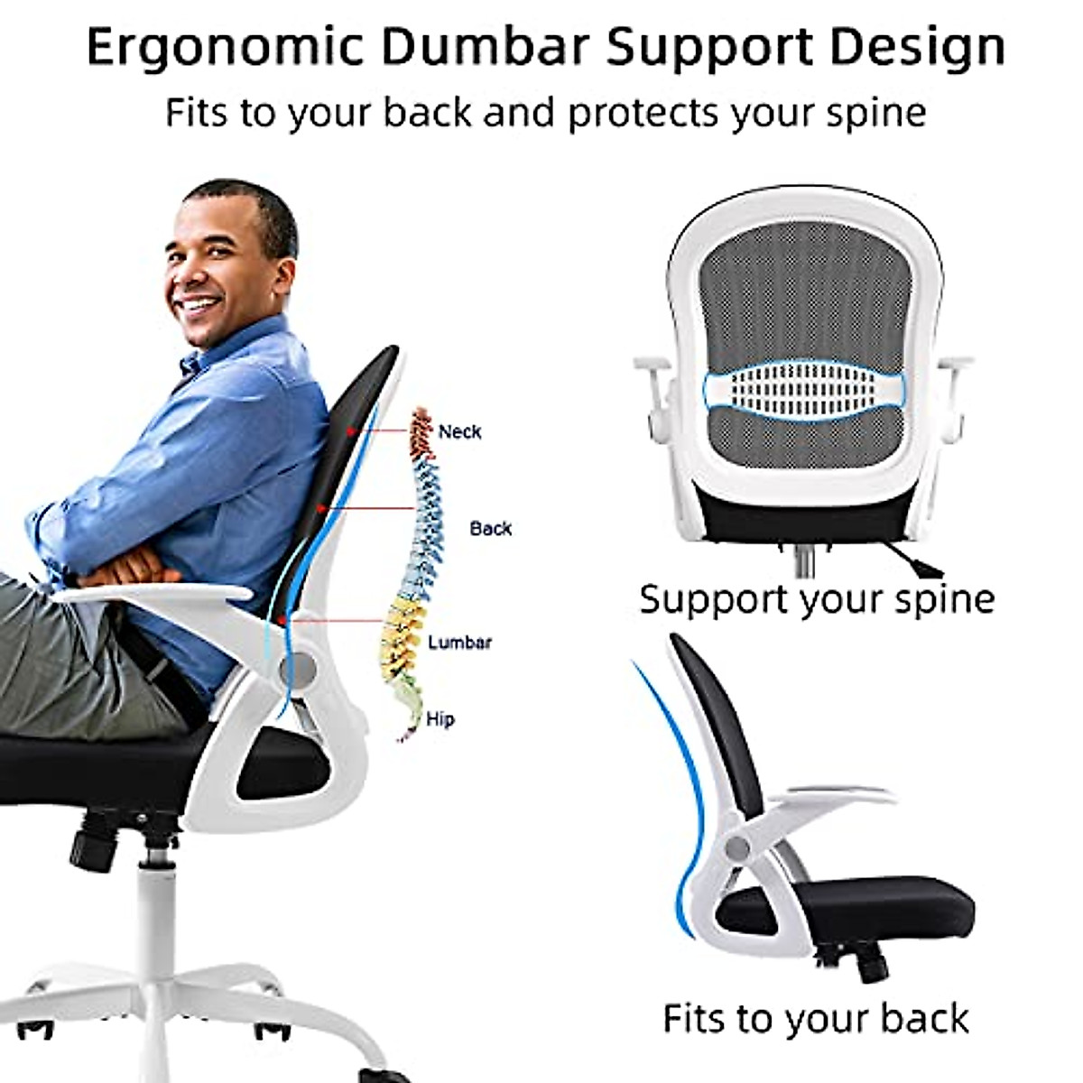 Sytas Office Chair Ergonomic Desk Chair, Rolling Swivel Mesh Computer Task Chair with Flip-up Arms Lumbar Support and Height Adjustable, White