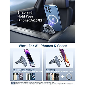 Hinyx MagSafe Car Mount-Strongest Magnet Power, Magnetic Phone Holder for Car Easily Install Air Vent Phone Mount for iPhone 15/14/13/12 Pro Max Mini Plus MagSafe Case & All Phones, with Metal Ring