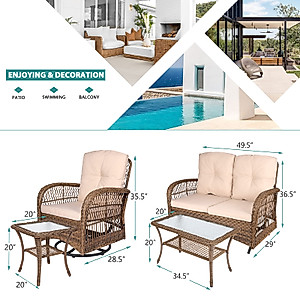 MEETWARM 5 Pieces Outdoor Patio Rattan Furniture Sets, All Weather Patio Wicker Conversation Set - 2 Rocking Swivel Chairs 1 Rattan Loveseat Glider with Cushions, 2 Glass-Top Coffee Table, Beige