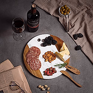 Marble Cheese Board with Acacia Accent 12" Round - Beautifully Handcrafted Charcuterie Board for Two - Round Cutting Board - Wonderful Housewarming Gift