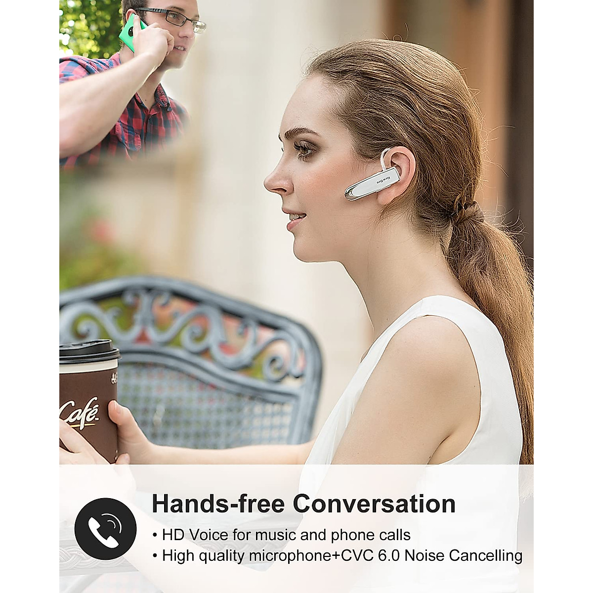 New bee [2 Pack] Bluetooth Earpiece V5.0 Wireless Handsfree Headset 24 Hrs Driving Headset 60 Days Standby Time with Bluetooth Headset for iPhone Android Laptop Truck Driver(White)