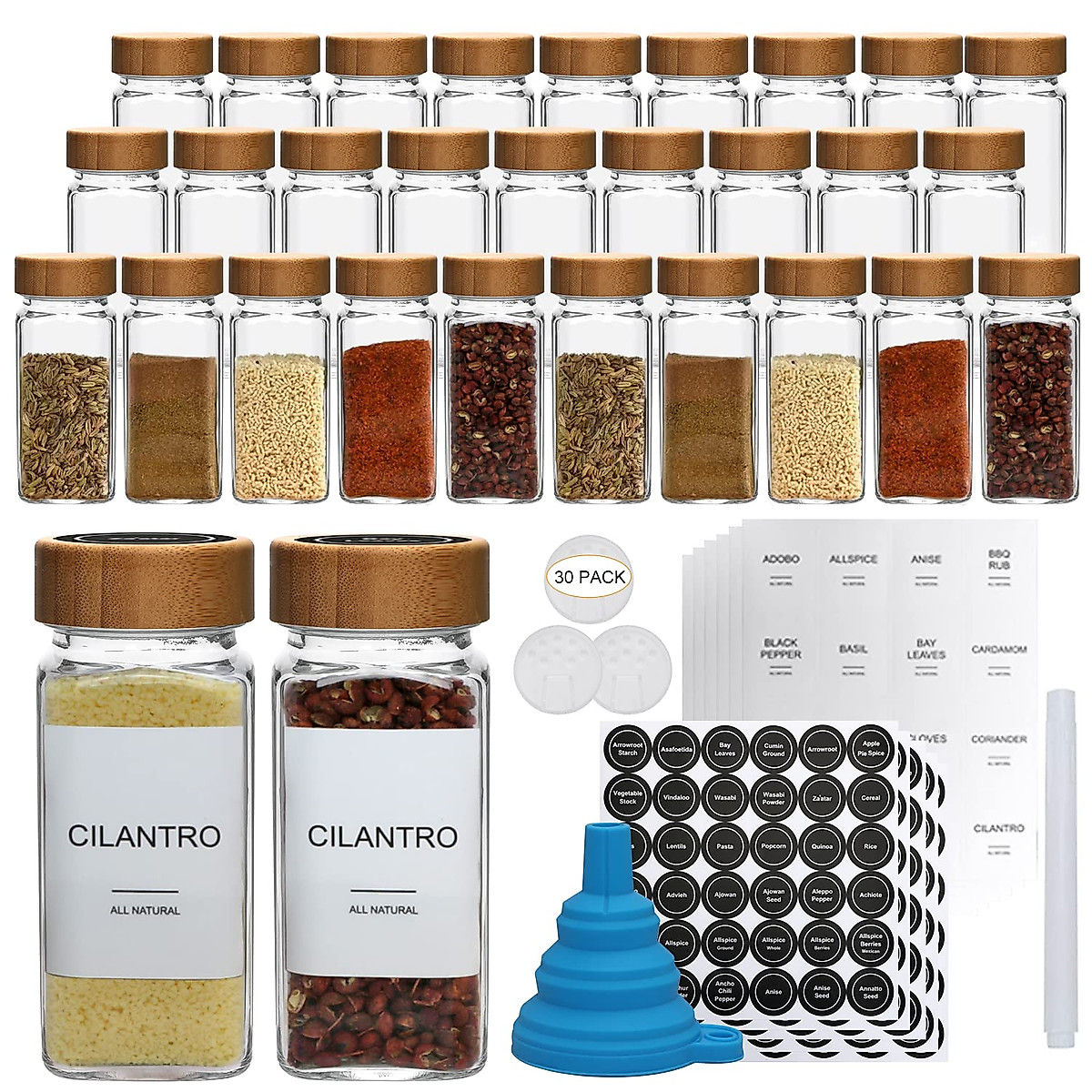 Datttcc 30 Pcs Spice Jars,4 OZ Glass Spice Jars with Bamboo Lids,Spice Jars with labels,Chalk Marker and Collapsible Funnel,Spice Containers for Spice Rack,Cabinet