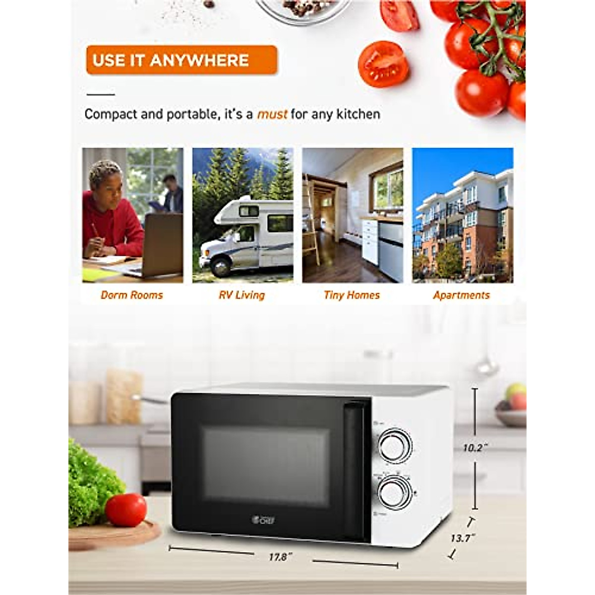 COMMERCIAL CHEF Small Microwave 0.7 Cu. Ft. Countertop Microwave with Mechanical Control, White Microwave with 6 Power Levels, Outstanding Portable Microwave with Convenient Pull Handle