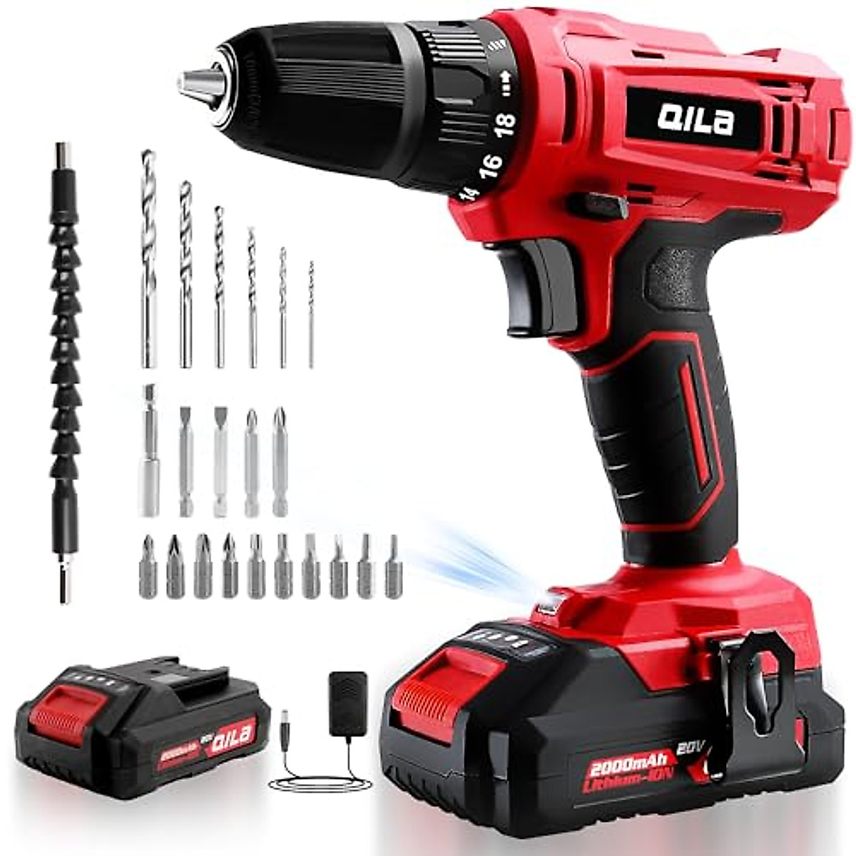 QILA 20V MAX Cordless Drill and Driver, 3/8'' Keyless Chuck, Power Drill Cordless Set with 2.0Ah Battery & Charger, Electric Drill with Variable Speed, 2 Variable Speed, 18+1Position, 22pcs Drill Bits