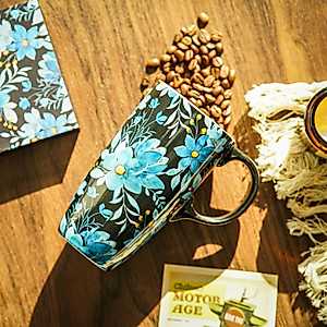 Topadorn Coffee Ceramic Mug Porcelain Latte Tea Cup With Lid 17oz., Blue Flower