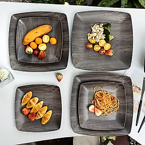 Melamine 12pcs Classic Square Dinnerware Set, Concise Plates and Bowls Set, Service for 4, Dishwasher Safe (Dark-Wood)