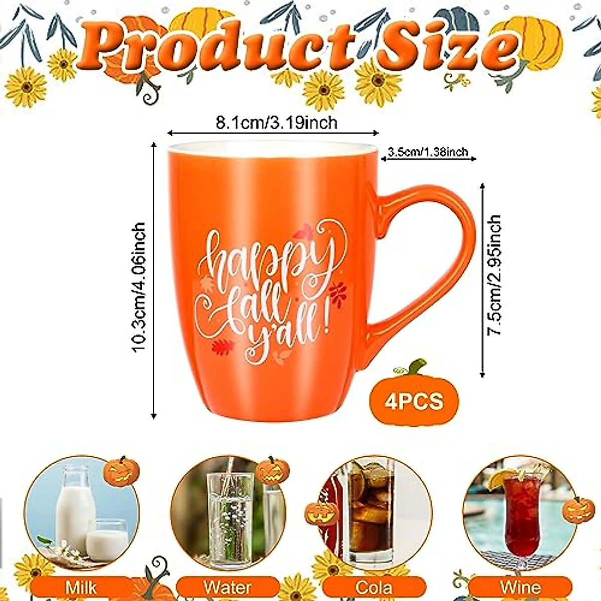4 Pcs Fall Coffee Mugs 11 oz Fall Autumn Pumpkin Mug Happy Fall Y'all Ceramic Cups Orange Autumn Fall Home Decor Kitchen Accessories Camp Campfire Tea Cup Thanksgiving Gift for Mom Dad Grandpa Grandma