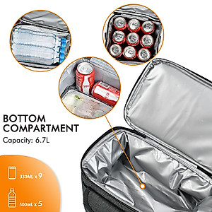 Tirrinia Insulated Lunch Bag, Leakproof Thermal Bento Cooler Tote for Women and Men, Dual Compartment with Shoulder Strap, 10.3" x 7.5" x 8.6", Black